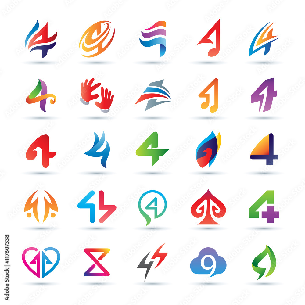 Set of Abstract Number 4 Logo - Vibrant and Colorful Icons Logos Stock ...