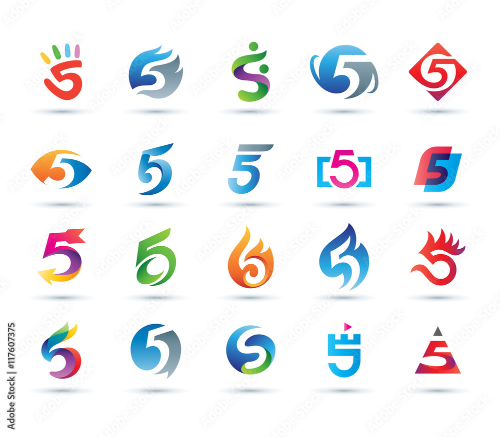 Set of Abstract Number 5 Logo - Vibrant and Colorful Icons Logos Stock ...