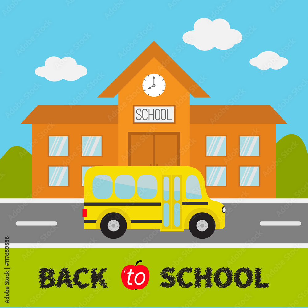 Back to school. Building with clock and windows. City construction ...