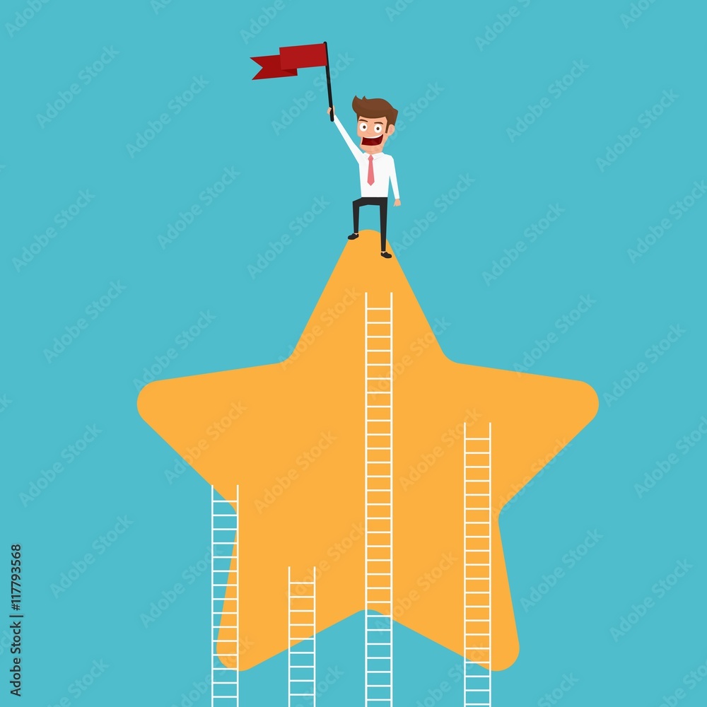 Successful businessman holding flag stand on star shape. Success ...