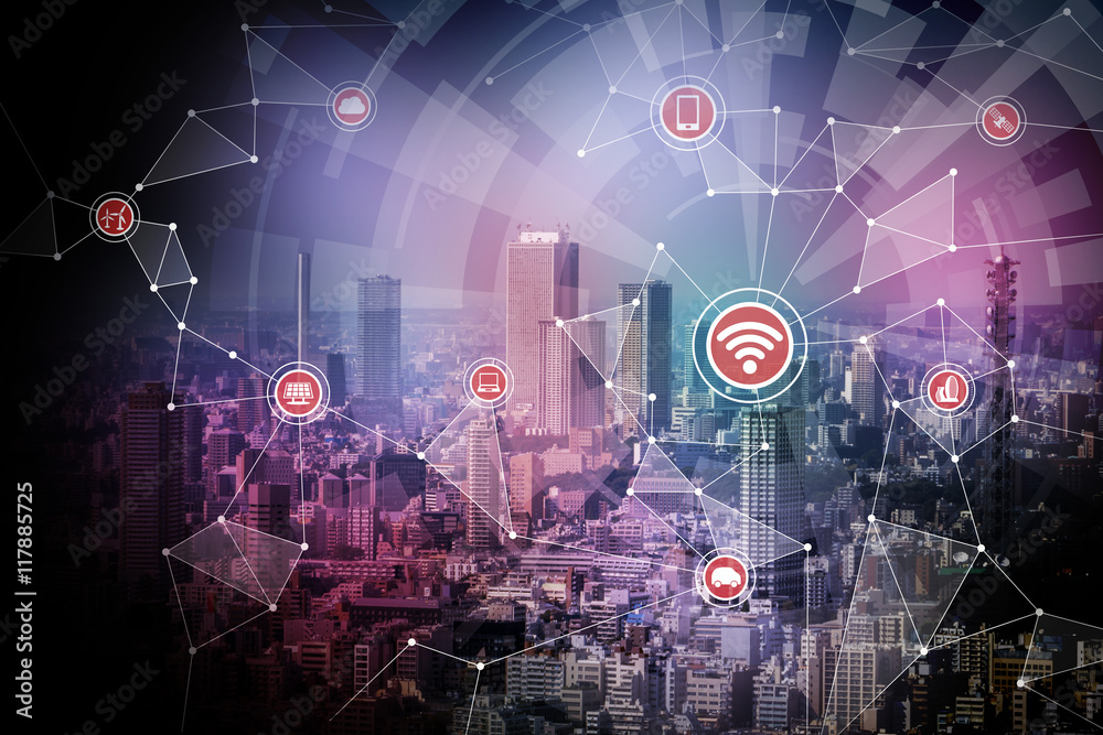 wired network concept icons, wireless communication network, IoT ...