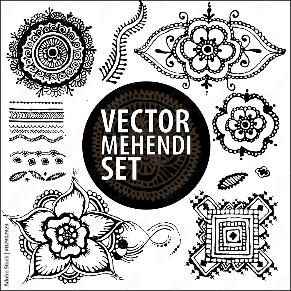 vector set : illustration mehendi, henna tattoo Stock Vector | Adobe Stock