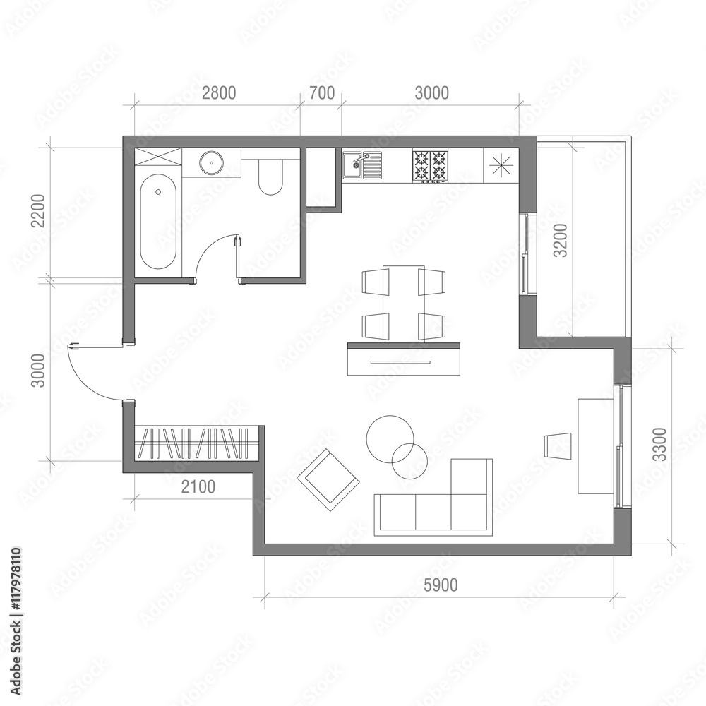 Architectural Floor Plan with Dimensions. Studio Apartment Vector Illustration. Top View ...