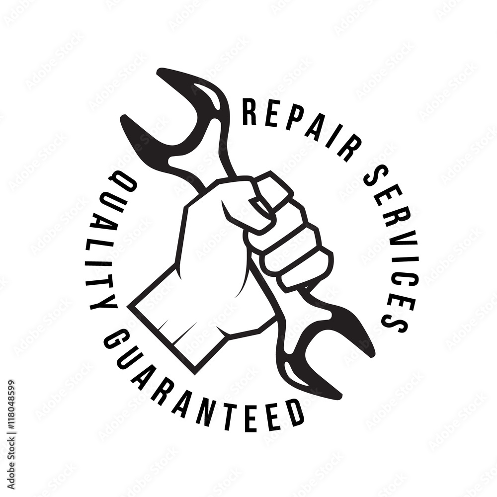 hand holding wrench tool logo emblem template Stock Vector | Adobe Stock