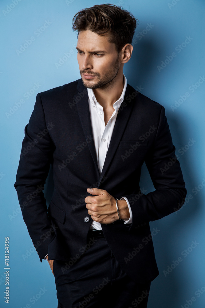 Handsome male model wear black suit Stock Photo | Adobe Stock