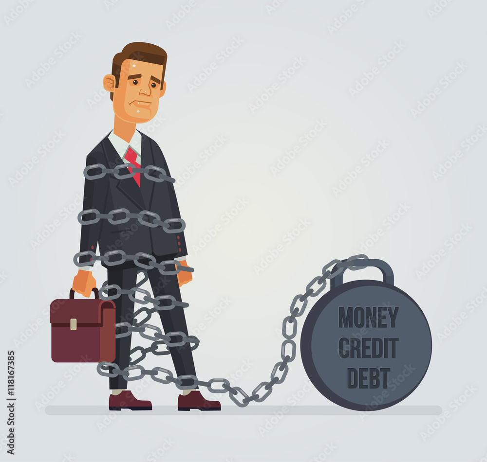 Office worker character with debt credit money weight. Vector flat ...