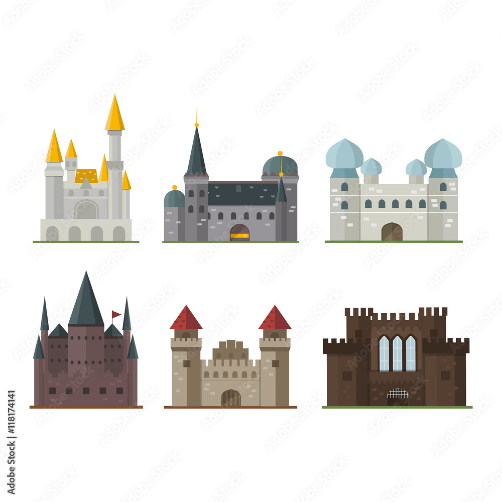 Cartoon fairy tale castle tower icon. Cute cartoon castle architecture ...