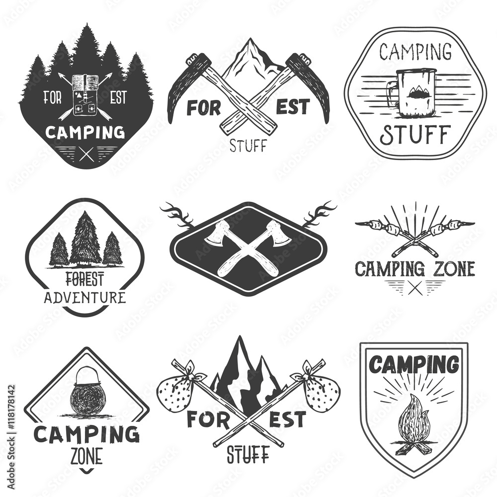 Vector set of camping labels in vintage style. Design elements, icons ...