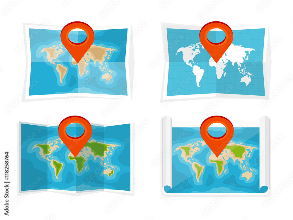 World map in a flat style. Earth, globe. Navigation. Route and ...