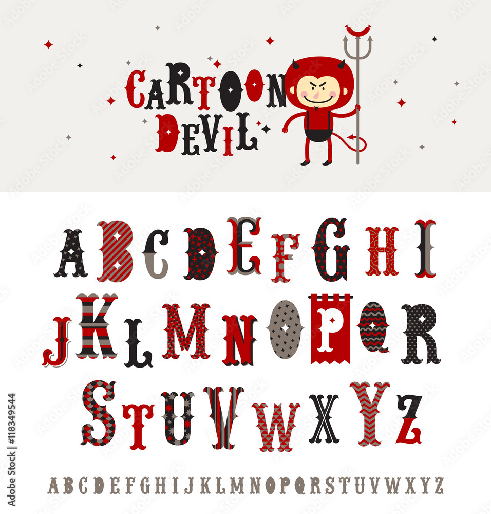 Cartoon devil - retro style ornate typeface. Vector alphabet. Font set ...