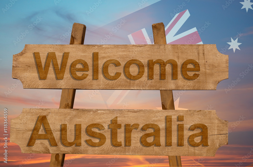 Welcome to Australia sing on wood background with blending national ...