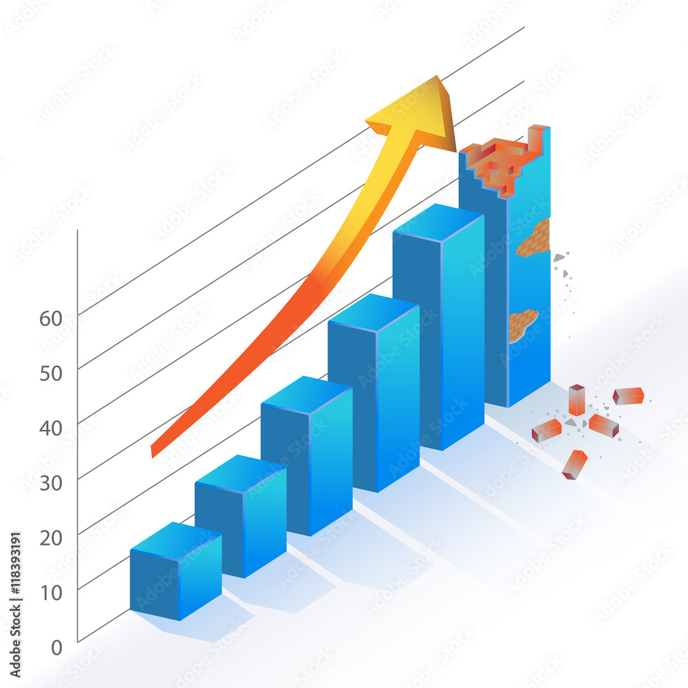Business Statistic Bar Chart wrecked broken brick vector 3d diagram ...
