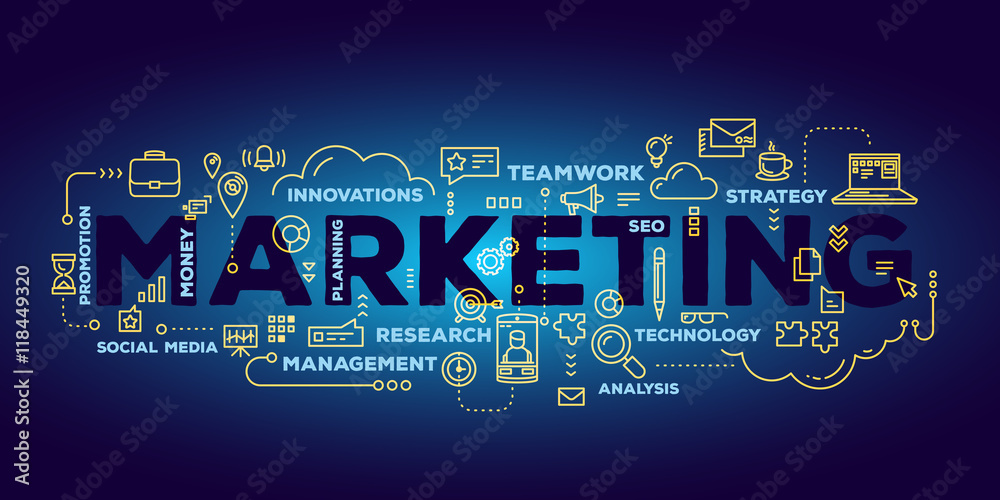 Vector creative illustration of marketing word lettering typogra Stock ...