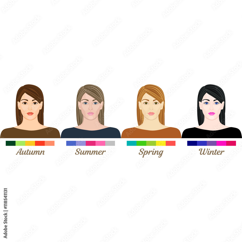 Seasonal color analysis. Set of vector girls with different types of ...