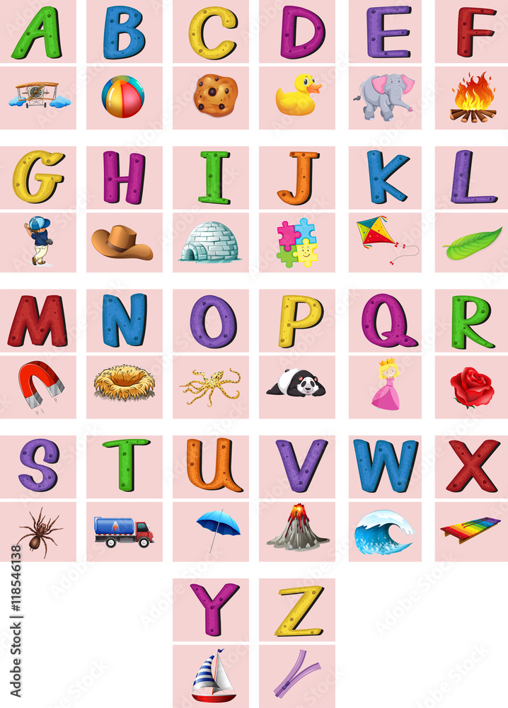 English alphabets A to Z with pictures Stock Vector | Adobe Stock