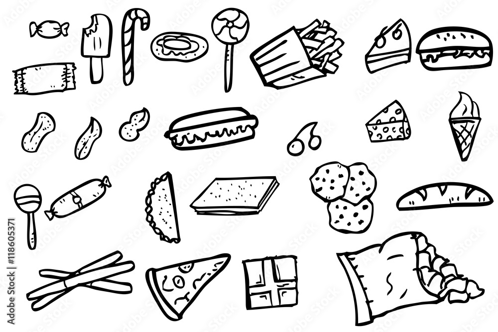 Set of junk food icon doodle Burger, pizza, french fries, potato chip ...