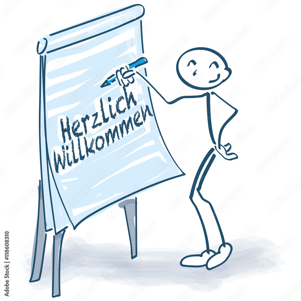 Vector de Stock Strichmännchen mit Flipchart und herzlich willkommen ...