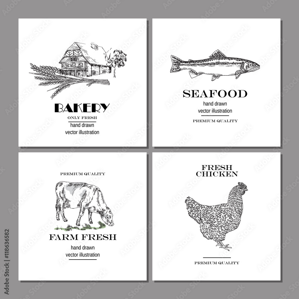 Hand drawn food logo. Engraved logo set. Vector illustration Stock ...
