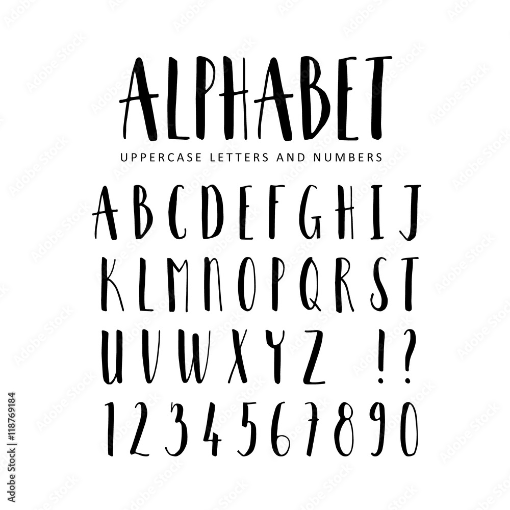 Hand drawn vector alphabet. Sans Serif brush font. Isolated letters, numbers written with marker ...