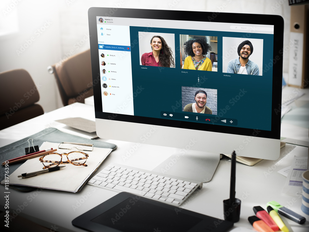 Desktop computer showing group chat screen Stock Photo | Adobe Stock