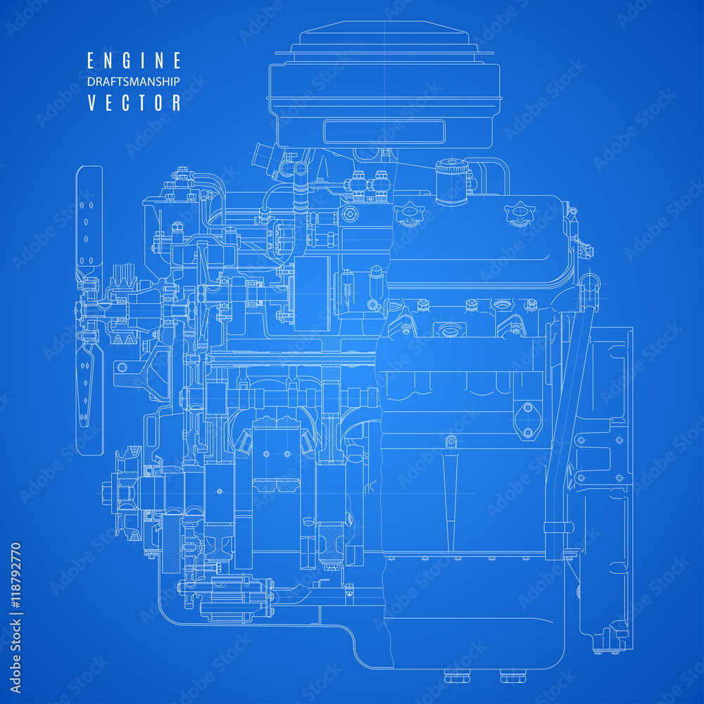 blueprint engine, project technical drawing on the blue background ...