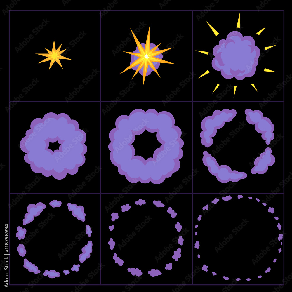 Explode effect animation with smoke. Cartoon bang explosion frames for ...