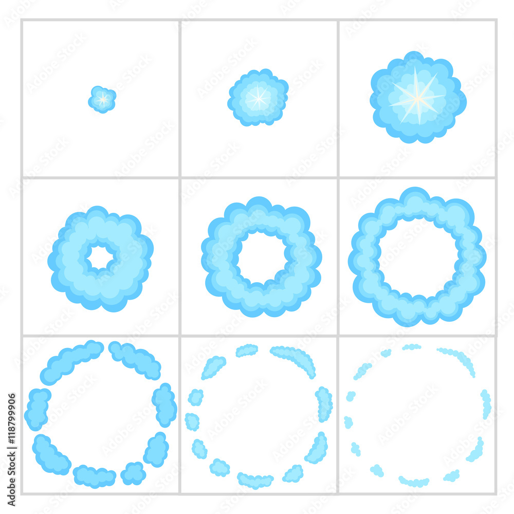 Explode effect animation with smoke. Cartoon bang explosion frames for ...