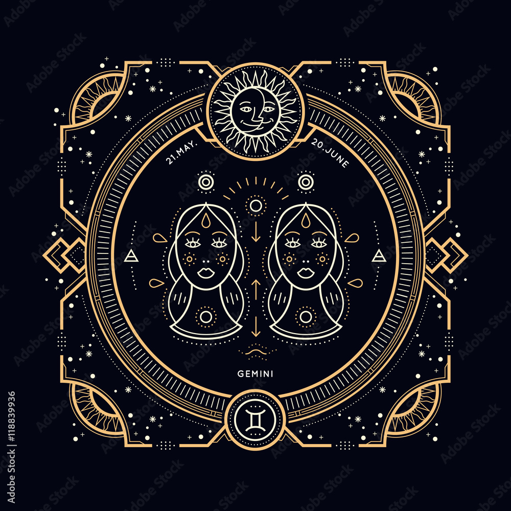 Vintage thin line Gemini zodiac sign label. Retro vector astrological ...
