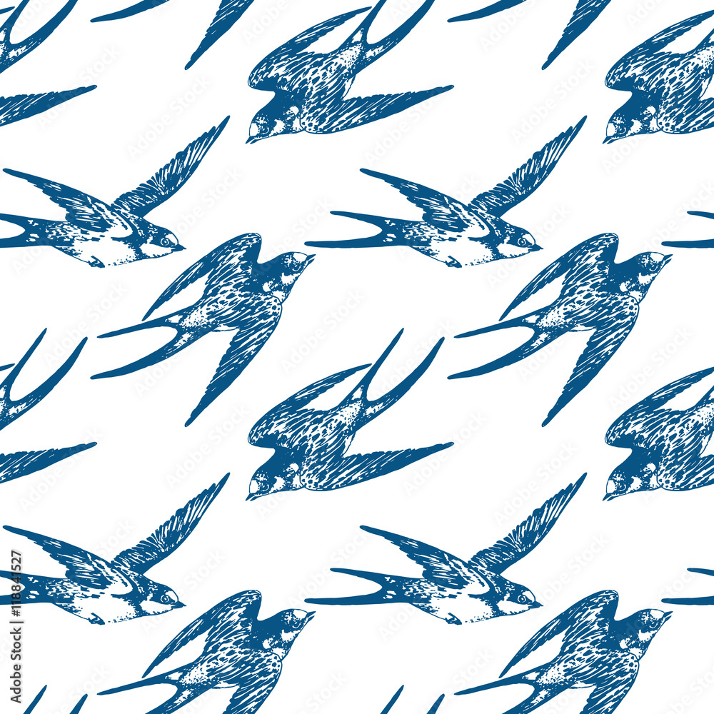 Vector hand drawn swallow birds seamless pattern design. Flying swift ...