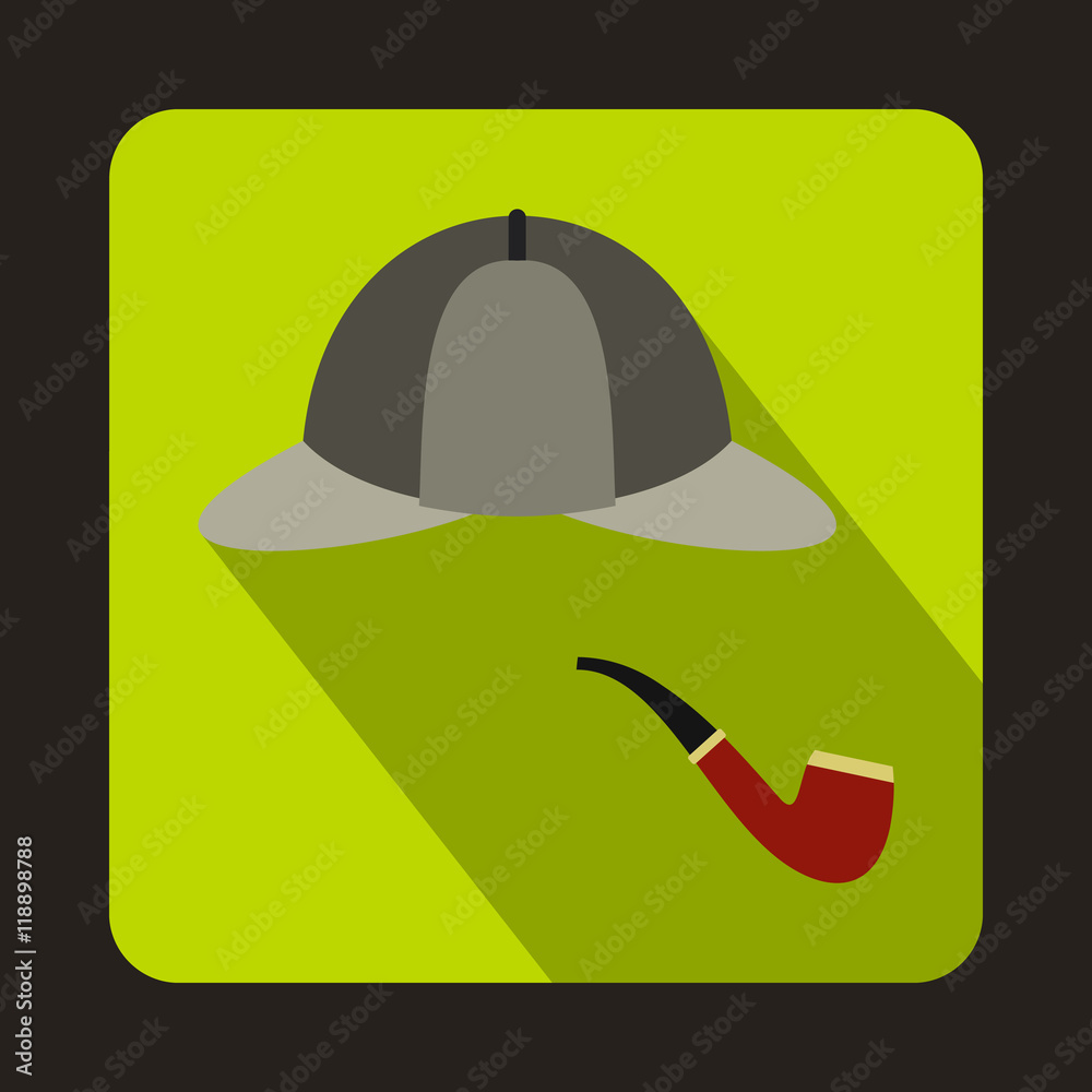 Detective Sherlock Holmes hat and smoking pipe icon in flat style on a ...