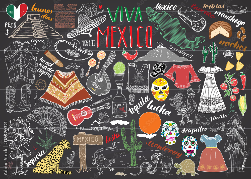 Mexico hand drawn sketch set vector illustration chalkboard Stock ...