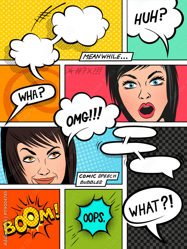 Comic Speech Bubbles on a comic strip background with expressions ...
