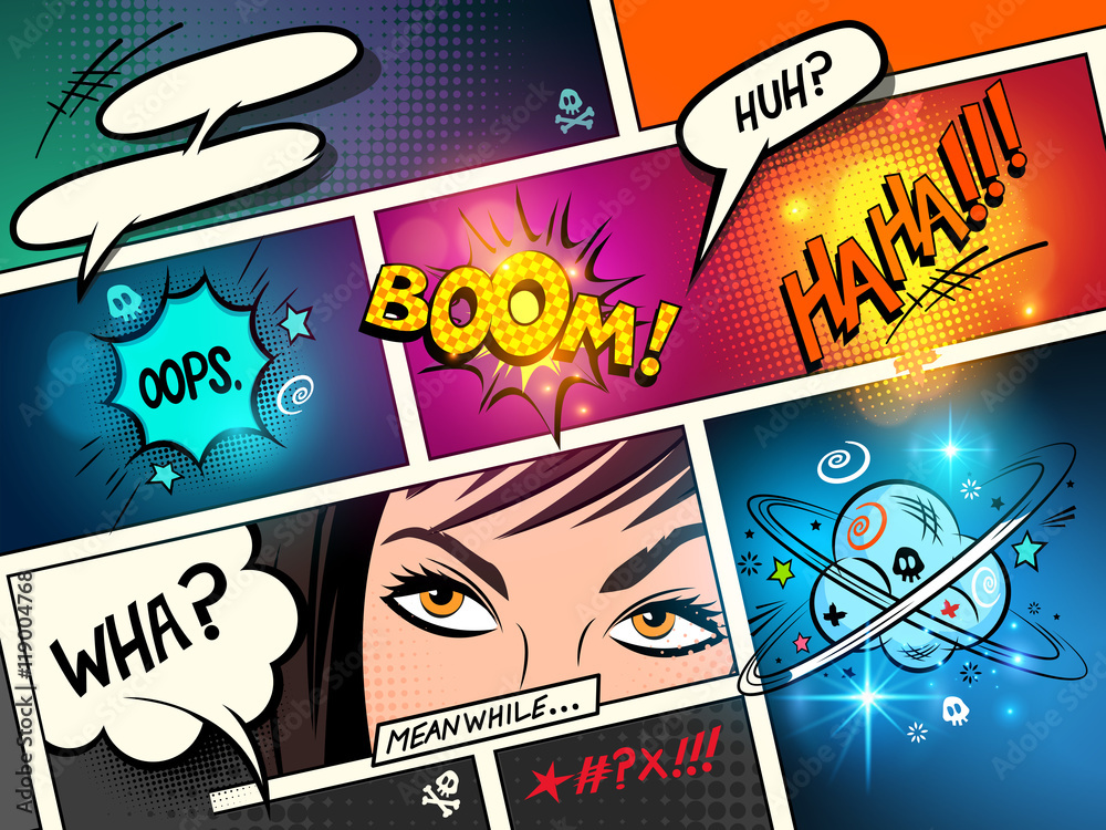 Speech Bubbles on a comic strip background with cartoon actions. vector ...