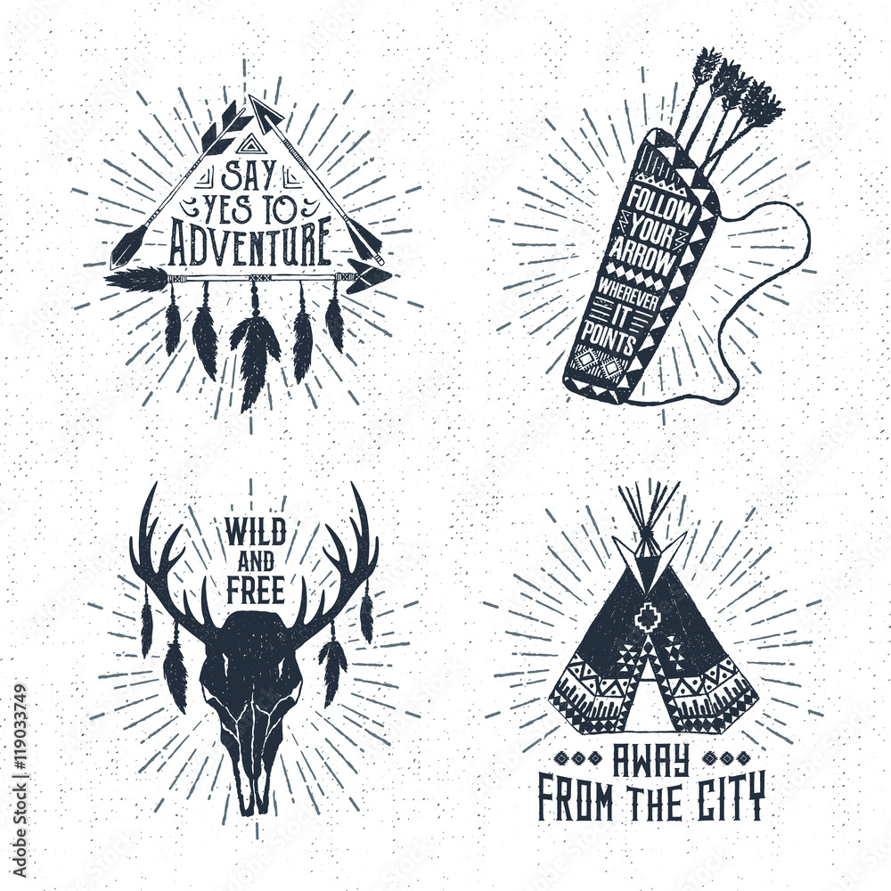 Hand drawn tribal labels set with arrows, quiver, skull, and teepee ...