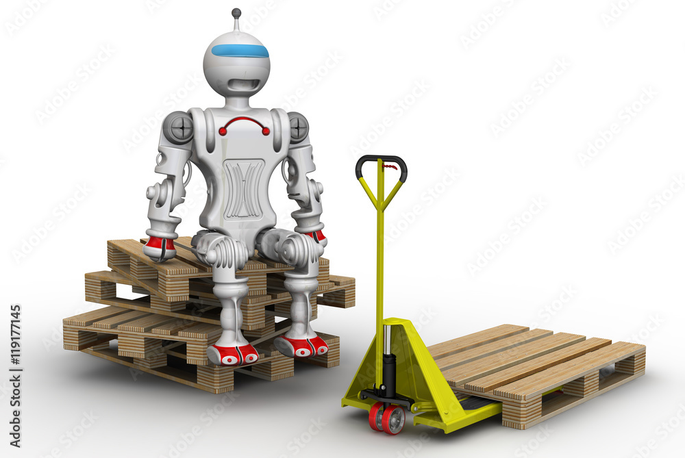 Robot loader. The robot is sitting on cargo pallets next to the pallet ...