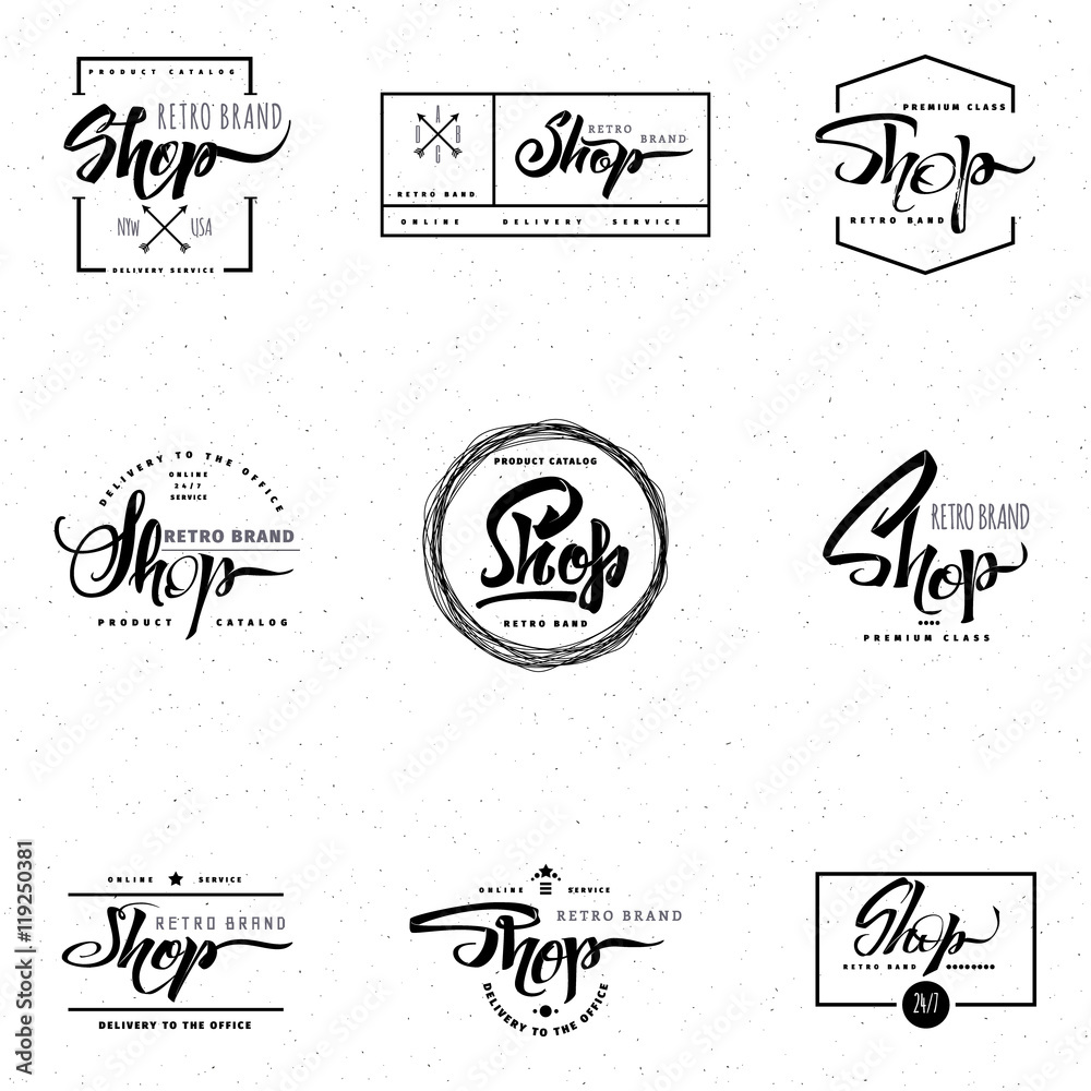 Shop word for signage, stickers, badges, has written calligraphic tools ...