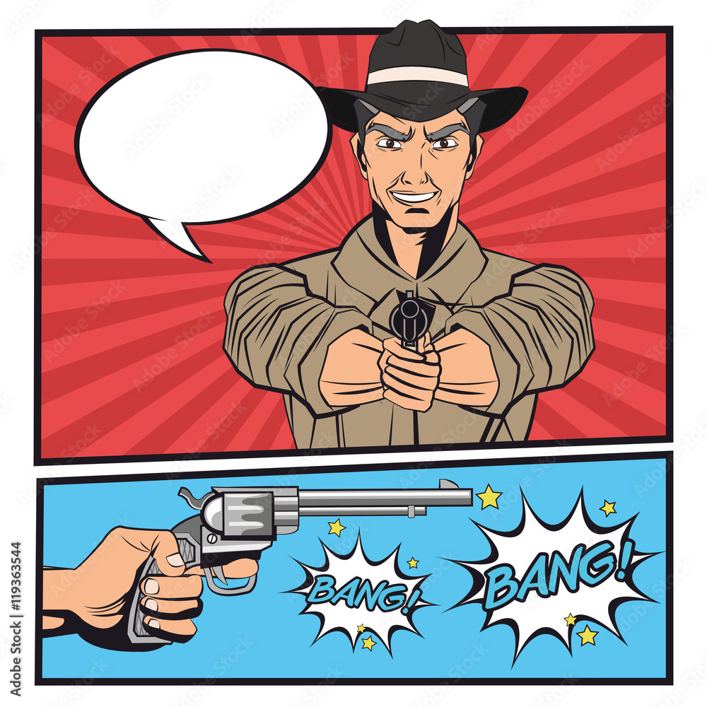 Cowboy bubble man gun revolver pop art cartoon icon. Colorful design ...