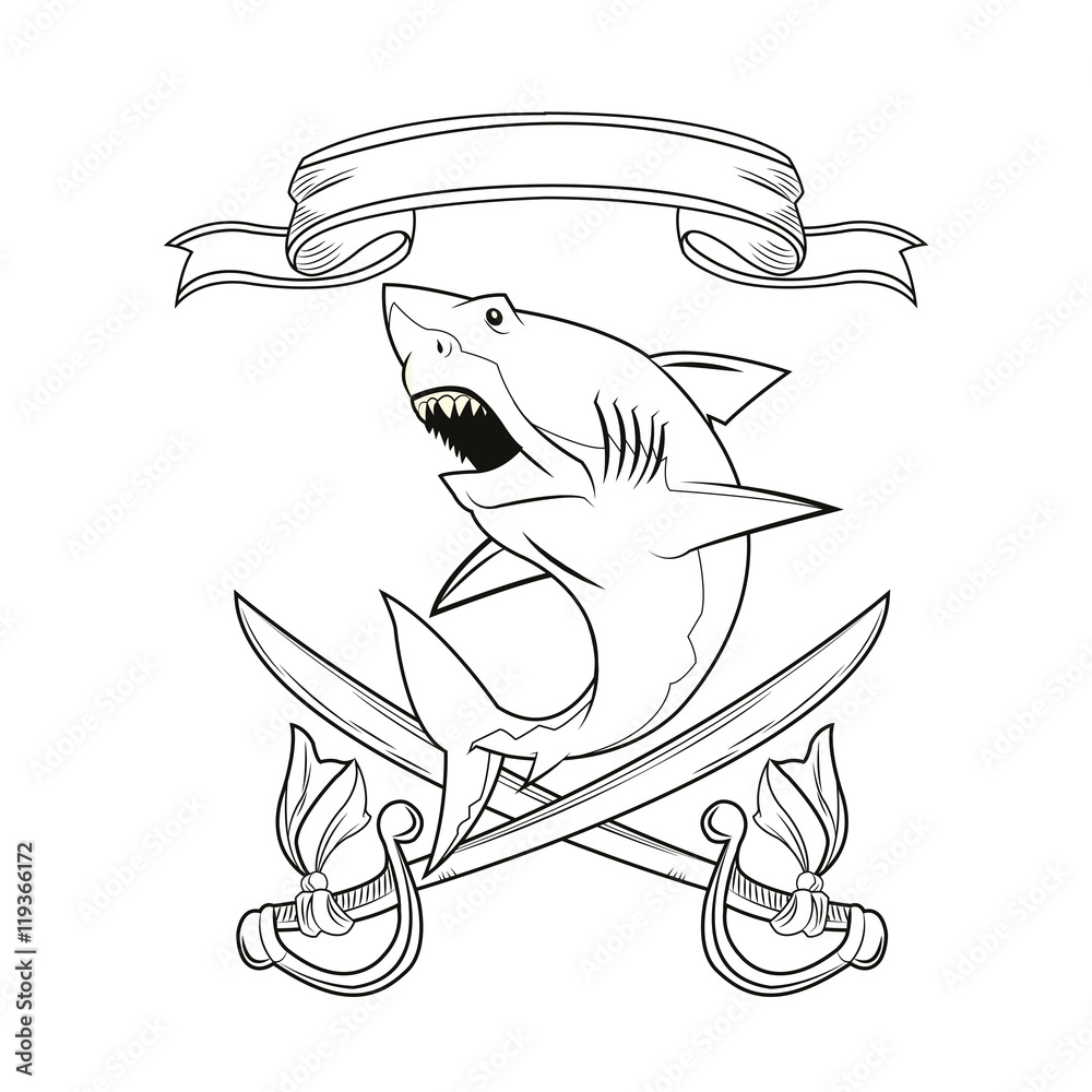 shark sword ribbon cartoon pirate tattoo marine nautical icon. Black ...