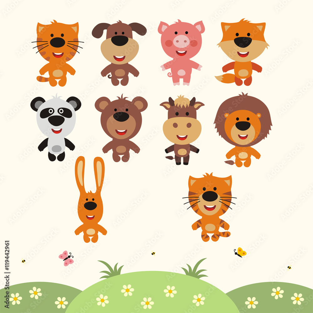 Vector set smiling animals. Collection isolated funny animals. Little ...