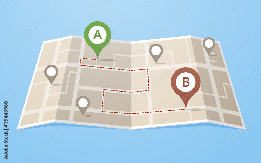 Flat city map with location pins showing start and end point of route ...