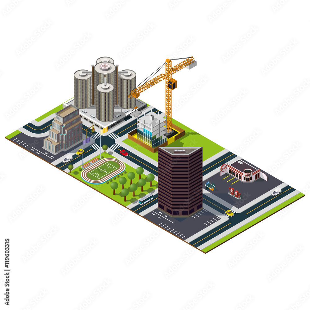 Isometric city map. Hotel building. Bank street in downtown ...
