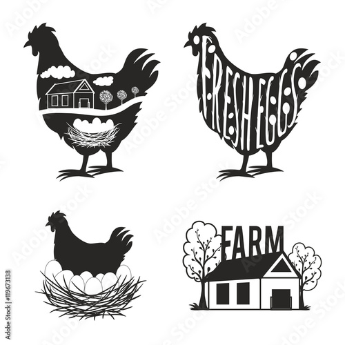 Vector set of chicken farm labels and design elements. Vintage chicken ...