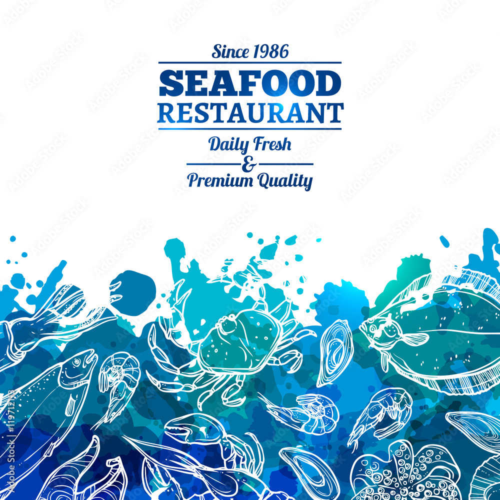 Seafood Restaurant. Seafood Background With Watercolor Effect Stock ...