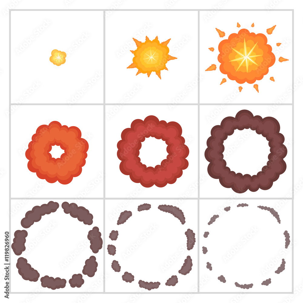 Image vectorielle Stock Explode effect animation with smoke. Cartoon bang explosion frames for ...