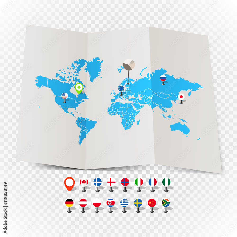 World map on old map and flags of different countries and symbol Stock ...