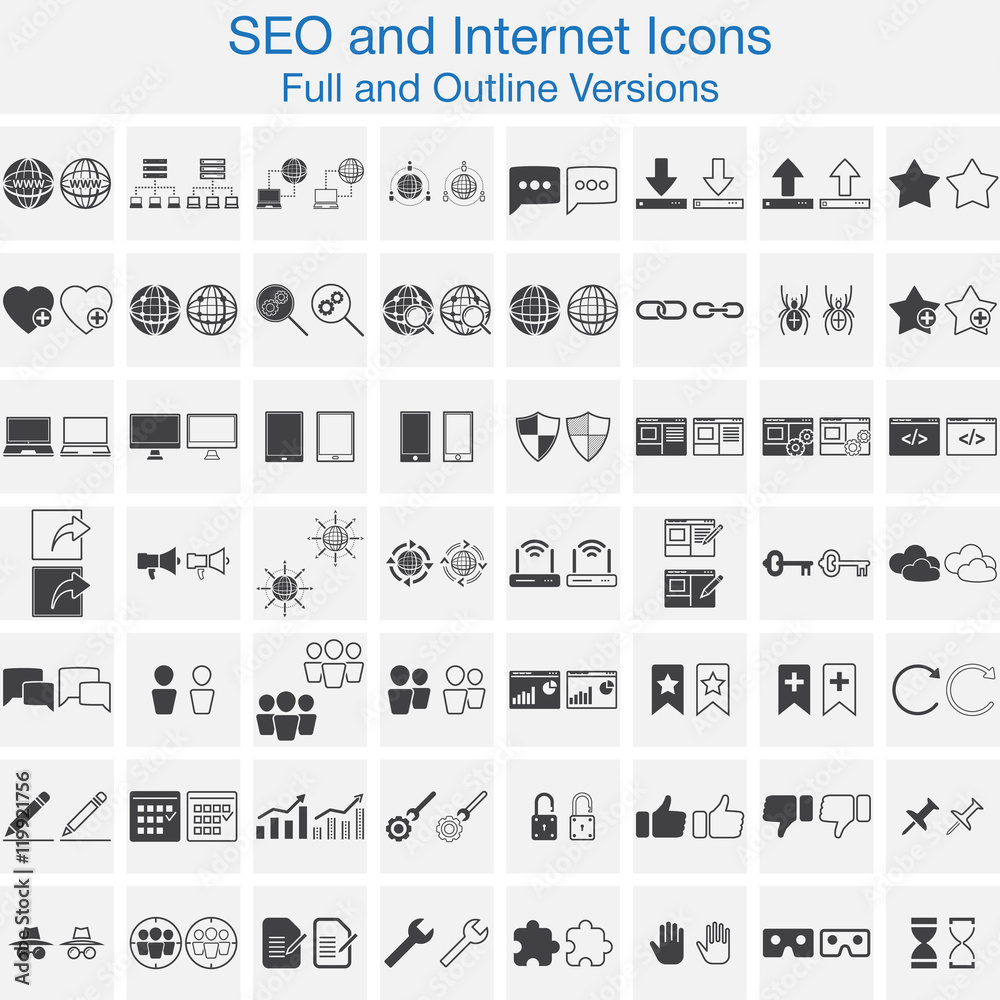 SEO, Internet line and full icons set, outline and solid vector symbol ...
