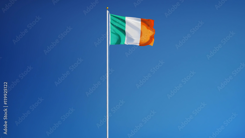 Ireland flag waving against clean blue sky, long shot, isolated with ...