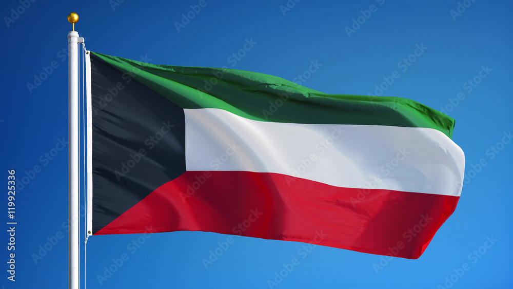 Kuwait flag waving against clean blue sky, close up, isolated with ...