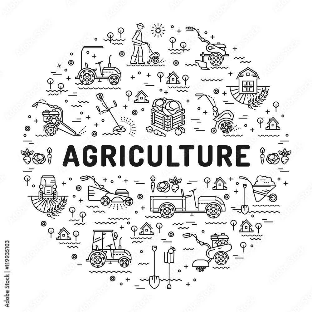 Agriculture and farming line art icons, farm infographics design ...