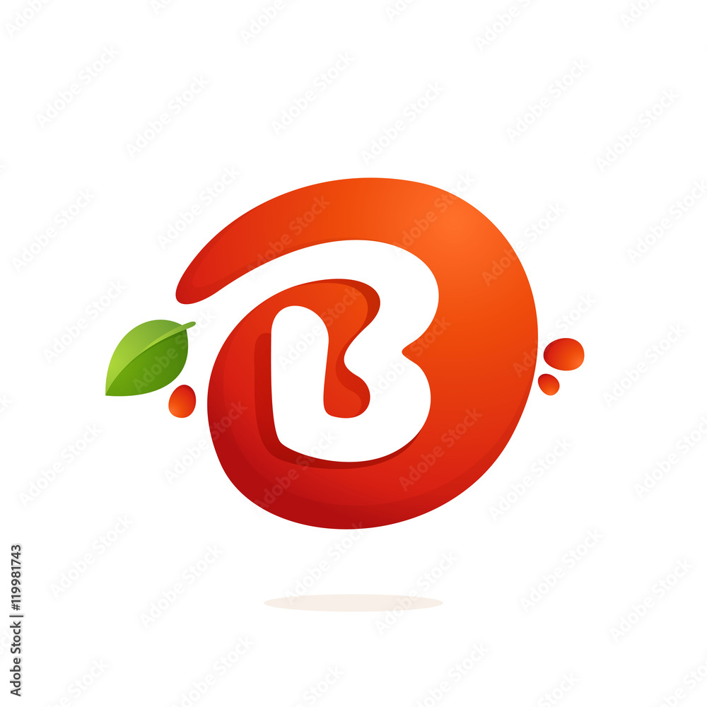 Letter B logo in fresh juice splash with green leaves. Stock Vector ...